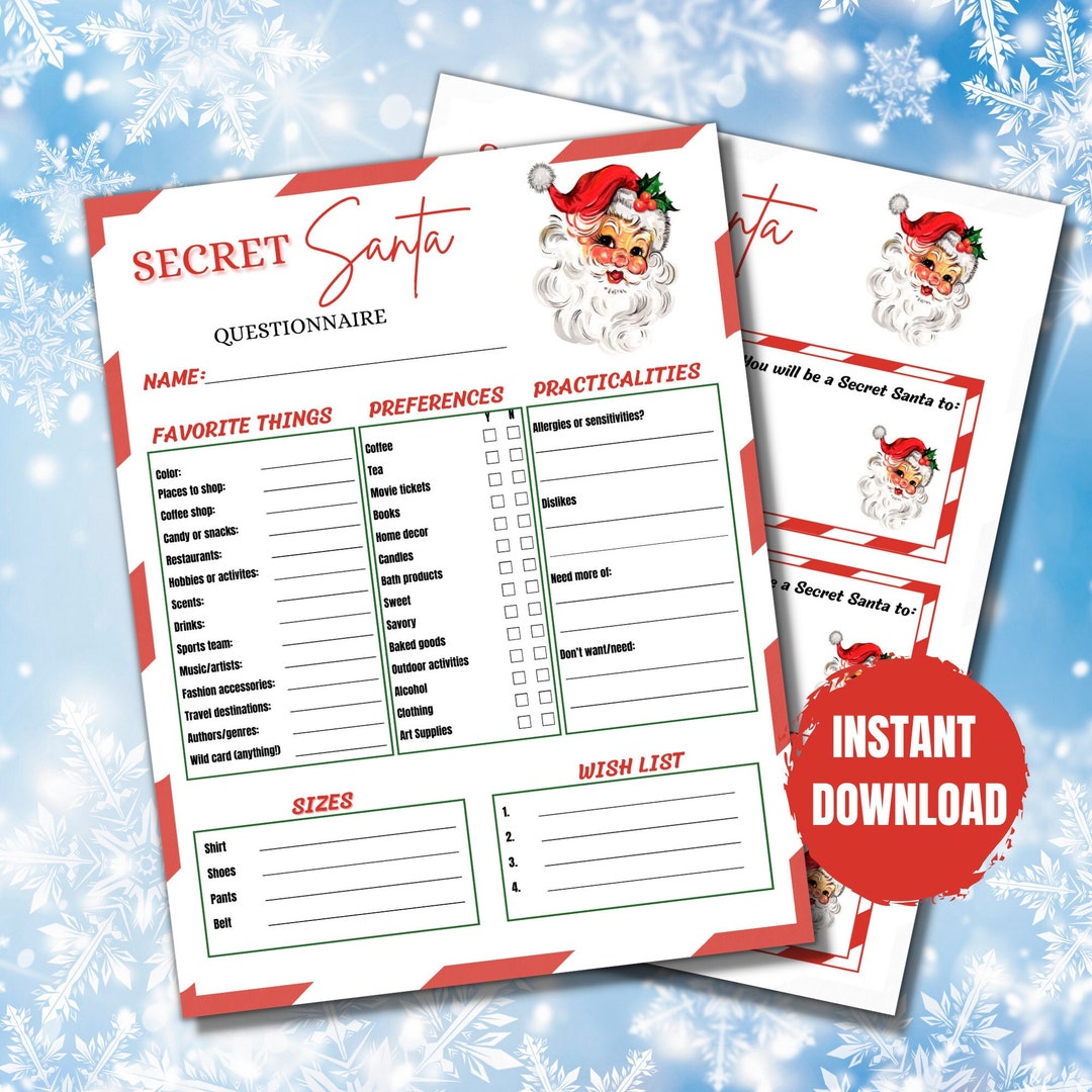 Secret Santa Questionnaire, Printable Christmas Gift Exchange Form for ...