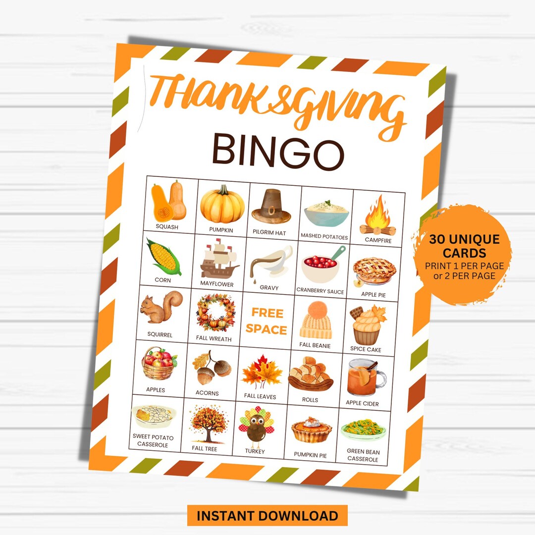 Thanksgiving Bingo Game, 30 Bingo Card Thanksgiving Game, Thanksgiving ...
