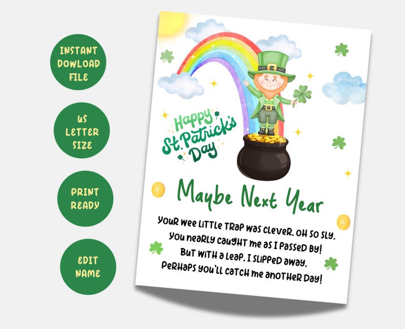 Catch a Leprechaun Letter to Child, St Patricks Day Note, Printable ...