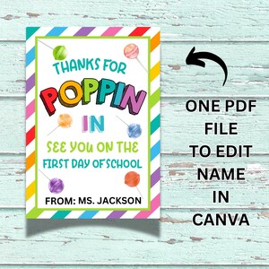 First Day of School Lollipop Gift Tag, Thanks for Popping In, Meet the ...