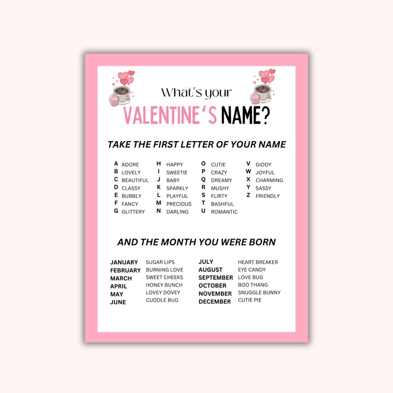 What's Your Valentine's Name Game, Valentines Party Game and Activity ...