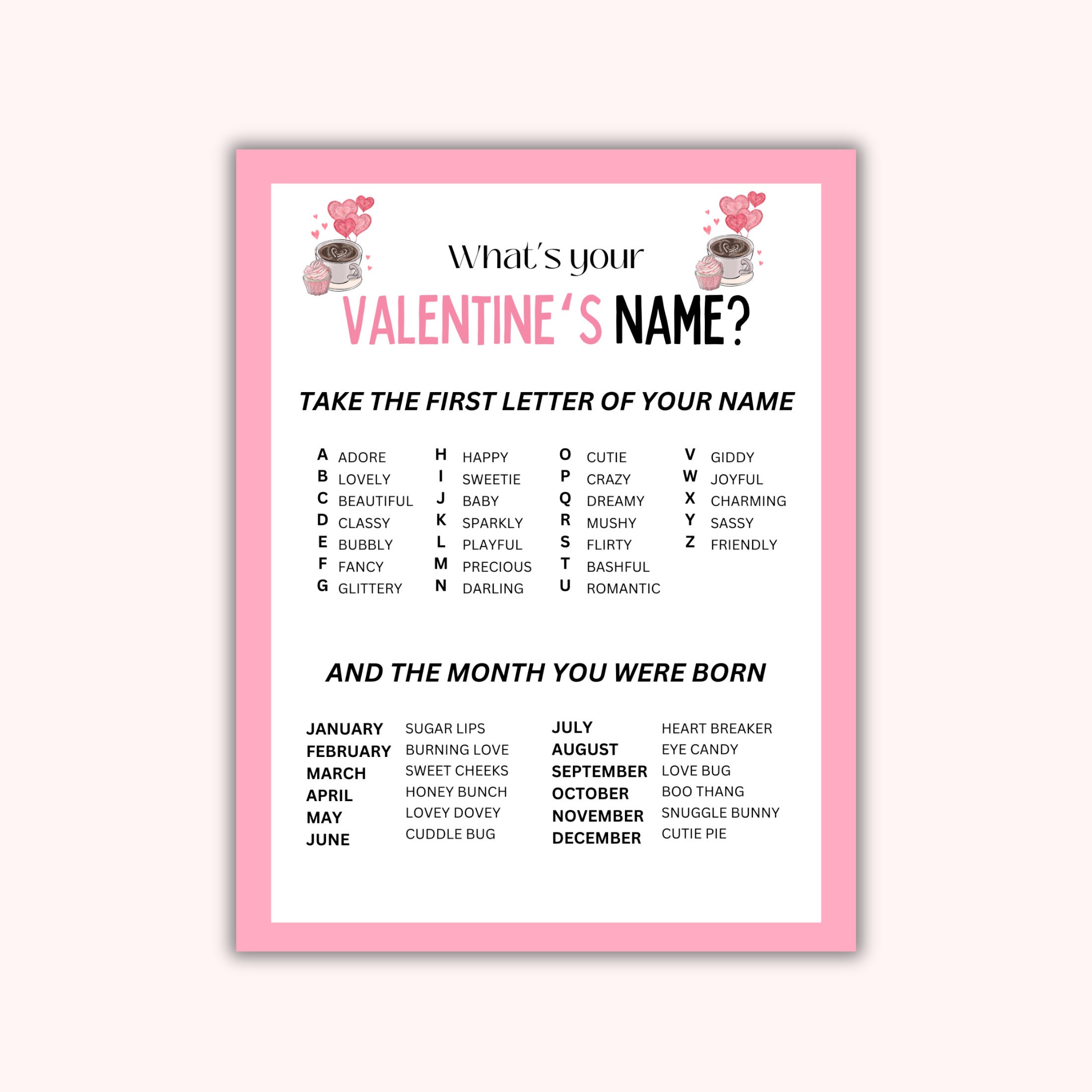 What's Your Valentine's Name Game, Valentines Party Game and Activity ...
