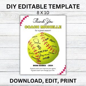 EDITABLE Softball Coach Appreciation Printable, Team Gift Printable ...