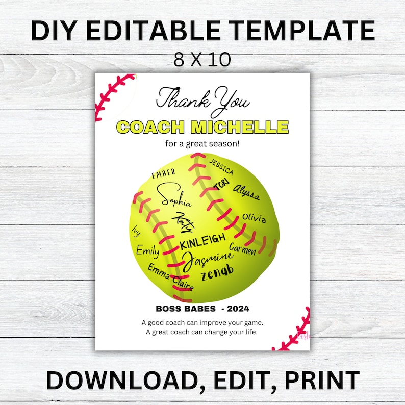 EDITABLE Softball Coach Appreciation Printable, Team Gift Printable ...