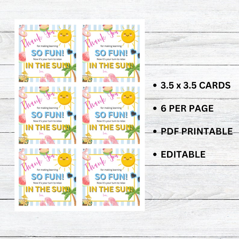 Editable Summer Fun in Sun Gift Tag, Teacher Appreciation, End of ...