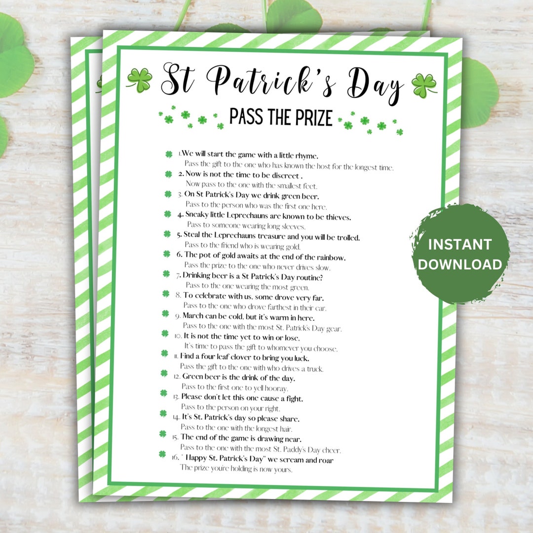 Printable St Patrick's Day Pass the Prize Game, St Paddy's Day Game ...