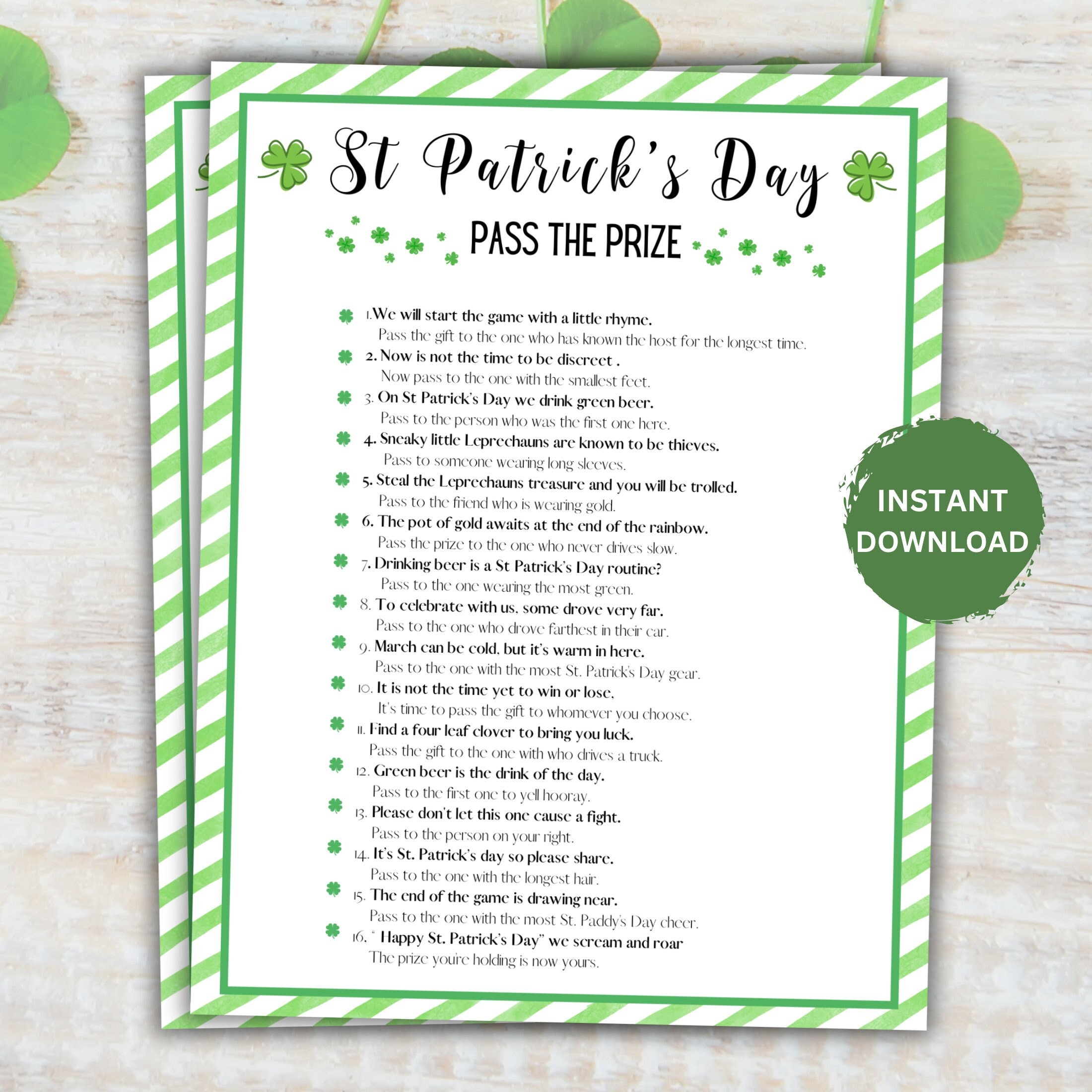 Printable St Patrick's Day Pass the Prize Game, St Paddy's Day Game ...