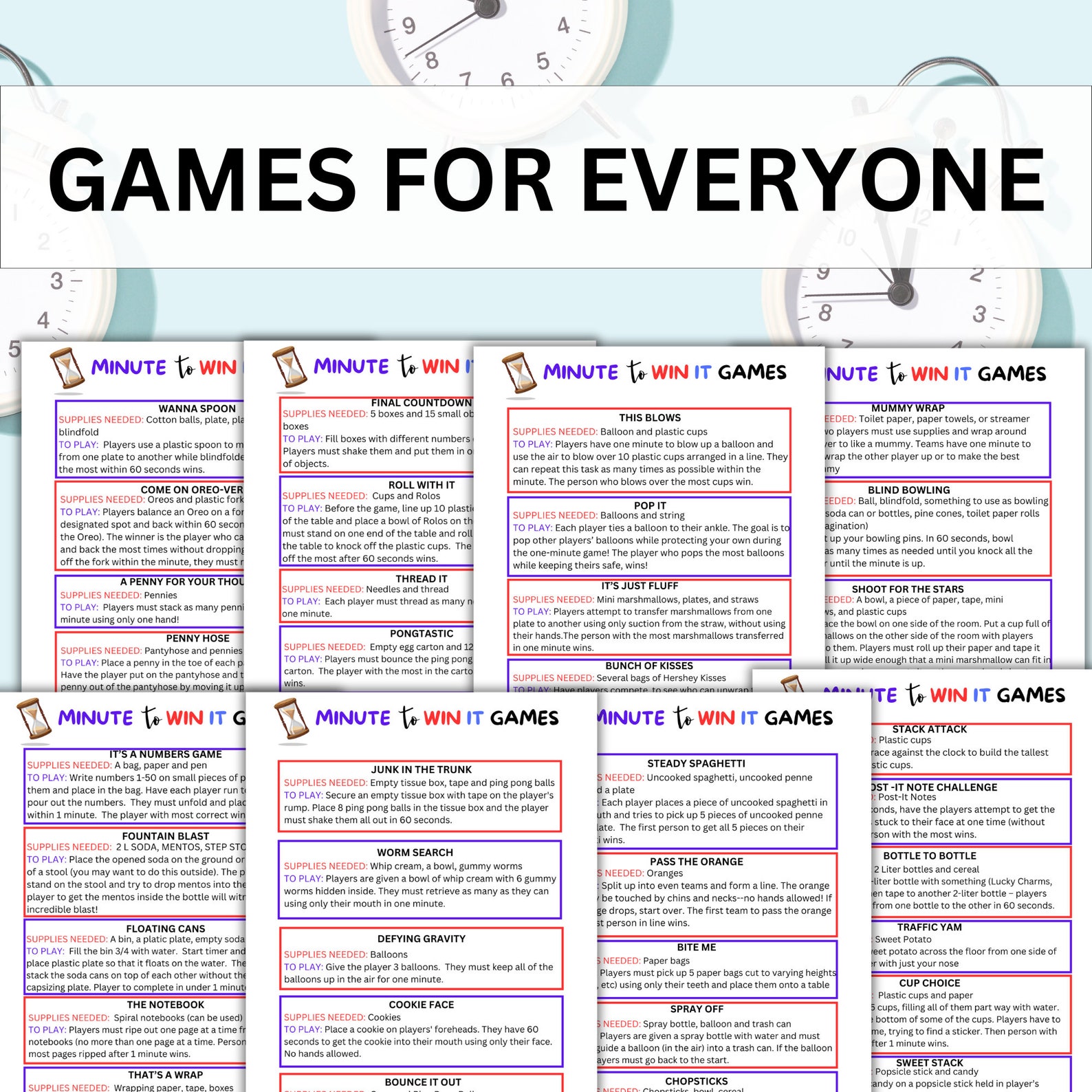 Minute to Win It Games Bundle, 40 One Minute Games, Printable Games for ...