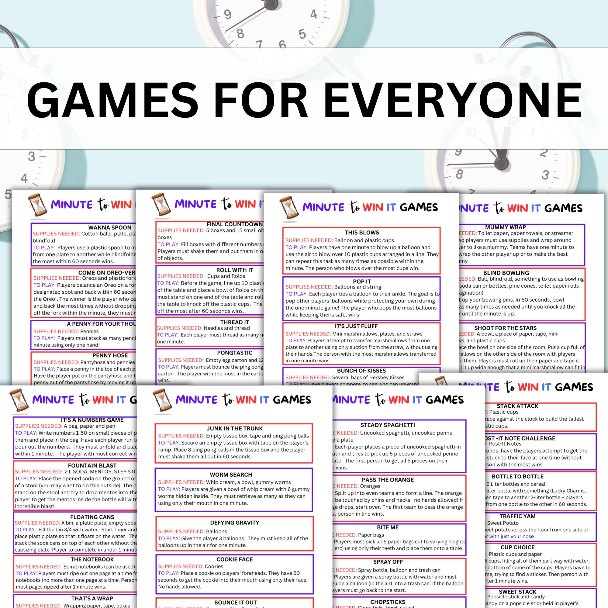 Minute to Win It Games Bundle, 40 One Minute Games, Printable Games for ...