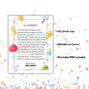 Editable End of School Year Letter to Parent, Last Day of School Gift ...
