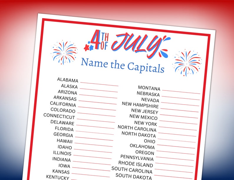 Fourth of July Name the Capitals Game Printable Family Games - Etsy