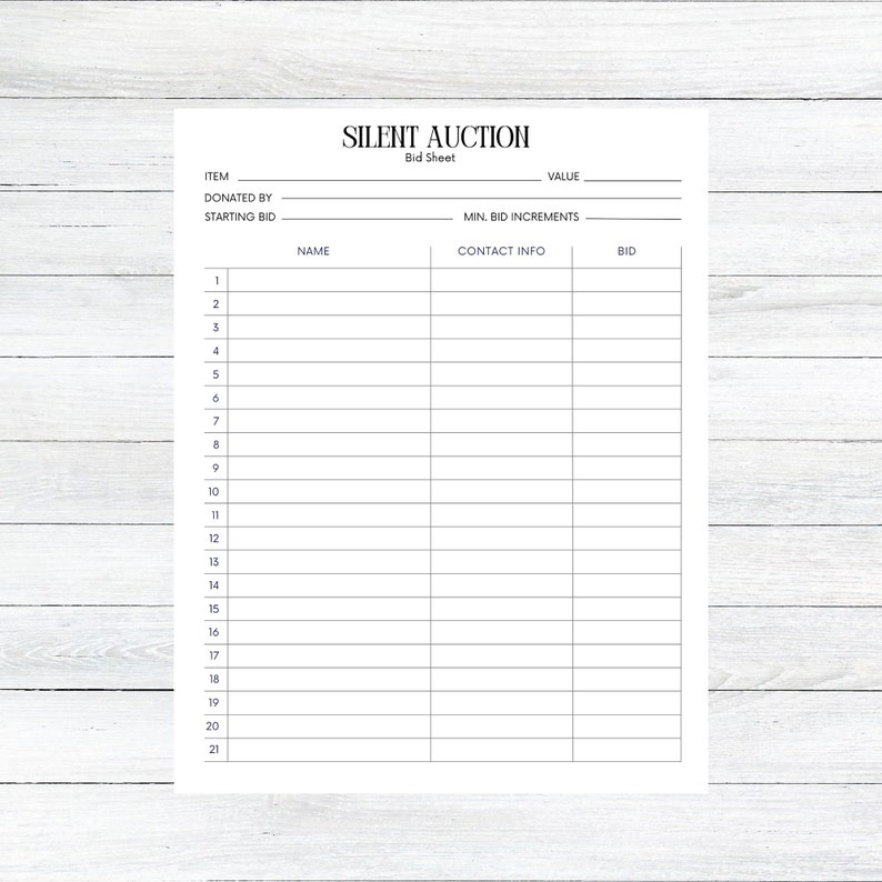 Silent Auction Bid Sheet, Silent Auction Sign up Sheet, Fundraiser ...