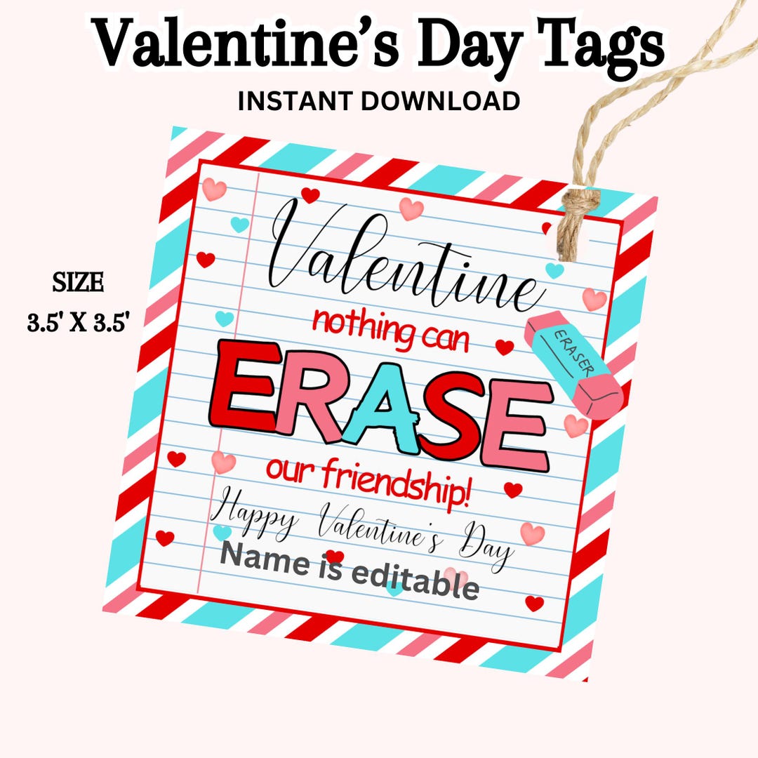 Eraser Valentines Day Gift Tag, Non Candy Printable Valentine Gift ...