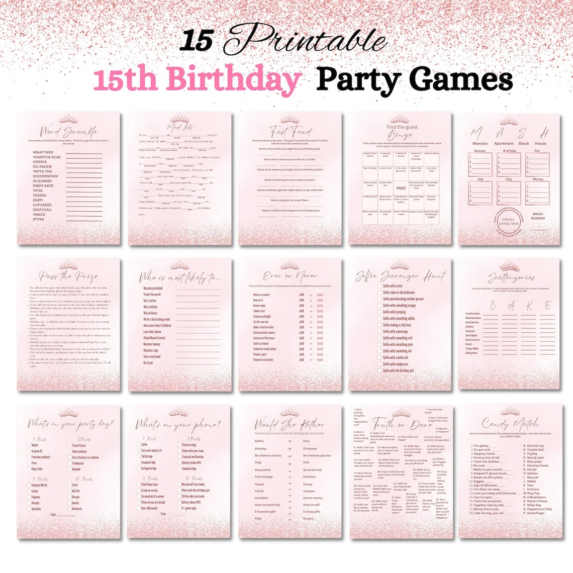 Printable 15th Birthday Game Bundle, Party Activities, Rose Gold ...