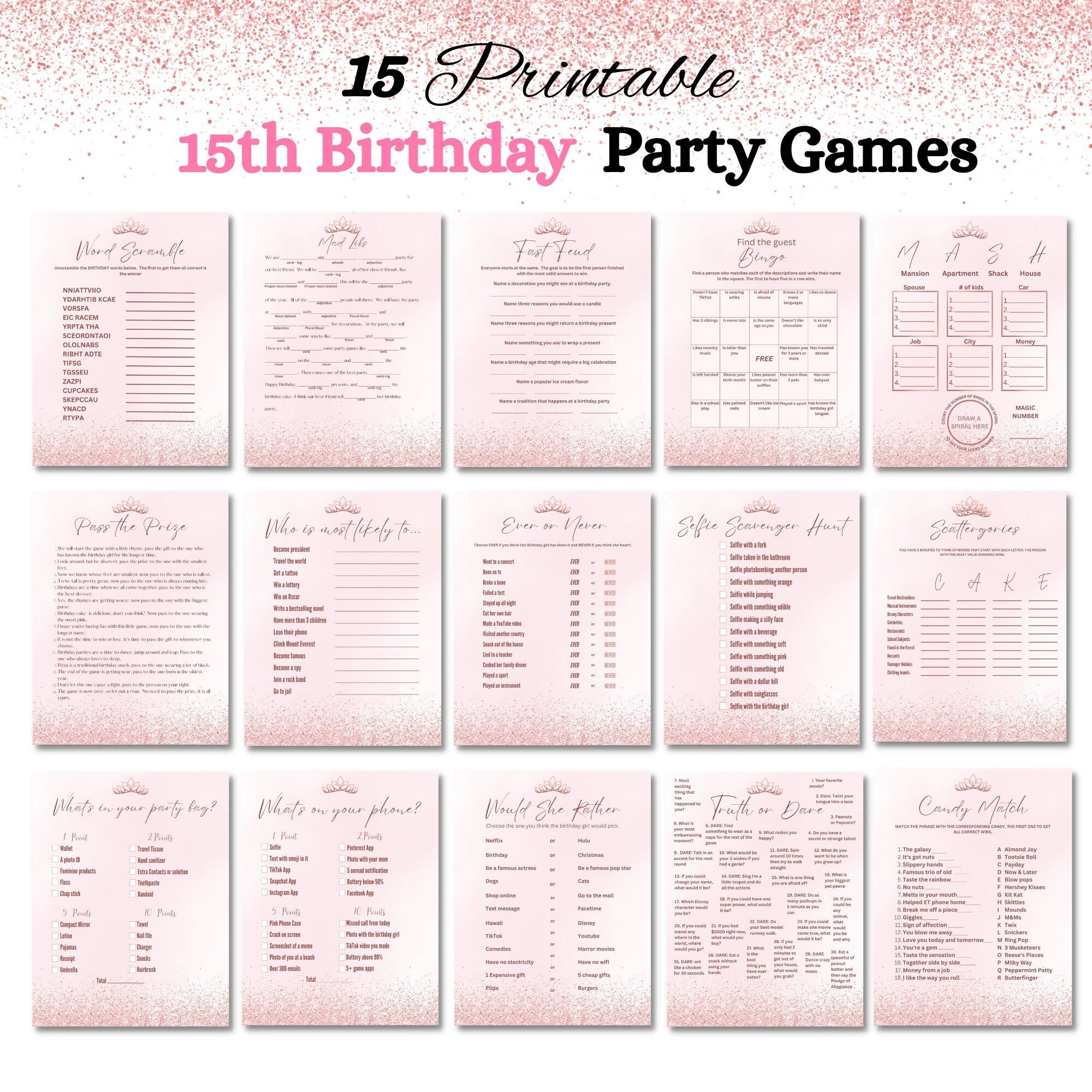 Printable 15th Birthday Game Bundle, Party Activities, Rose Gold ...