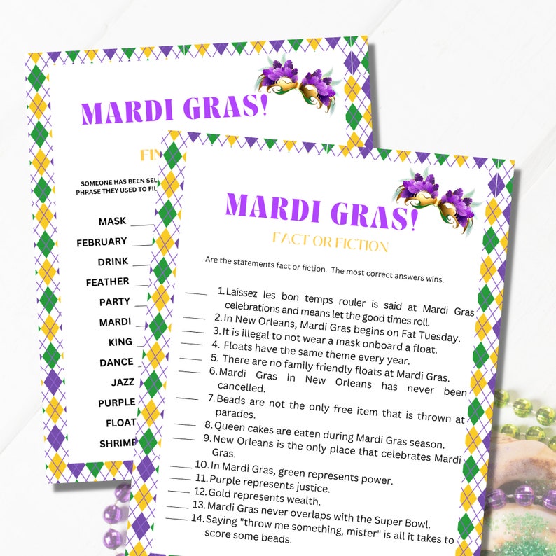 Printable Mardi Gras Game Bundle Party Games and Activities, Mardi Gras ...