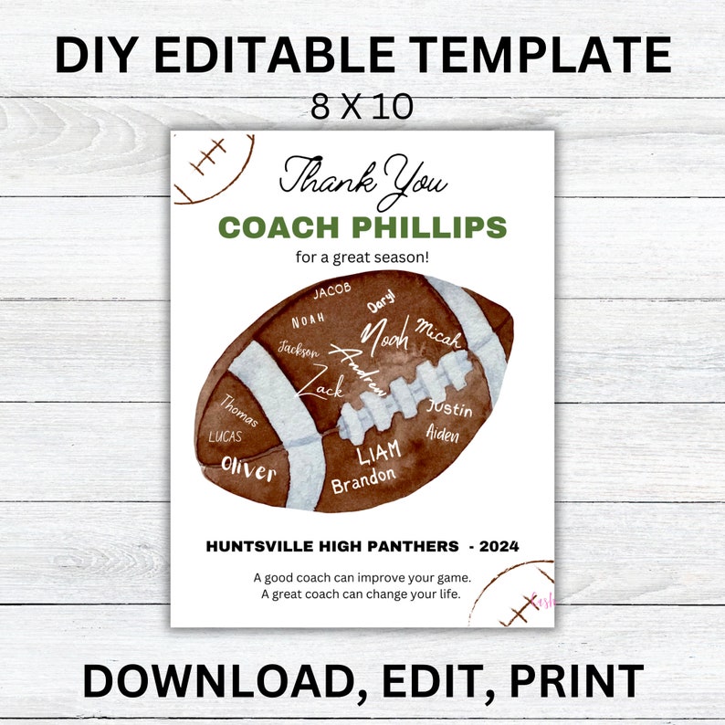 EDITABLE Football Coach Appreciation Printable, Team Gift Printable ...