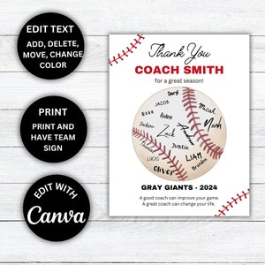 EDITABLE Baseball Coach Appreciation Gift Printable, Team Gift ...