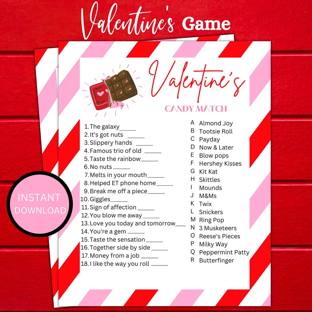 Printable Valentine's Day Game, CANDY MATCH Party Game and Activity ...
