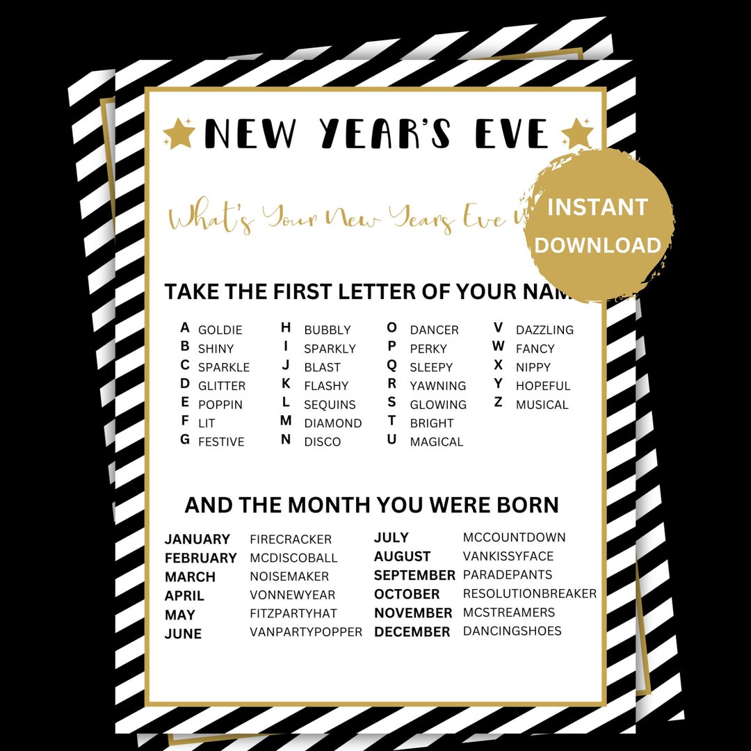 New Years What's Your Name Game, New Years Eve Party Game, New Years ...