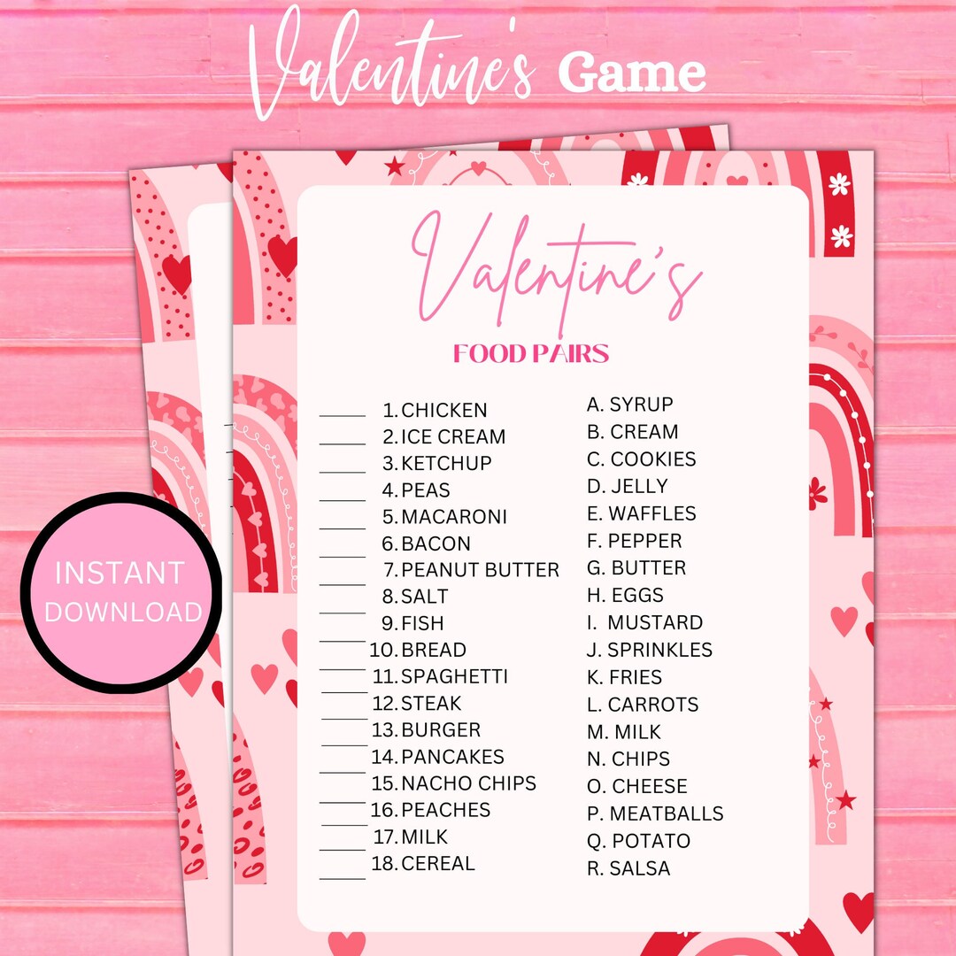 Printable Valentine's Day Game, Food Pairs Game and Activity, Adult ...