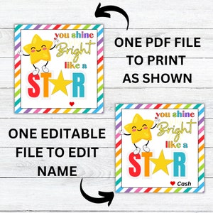 Editable You Shine Bright Like a Star Gift Tag, Teacher Appreciation ...