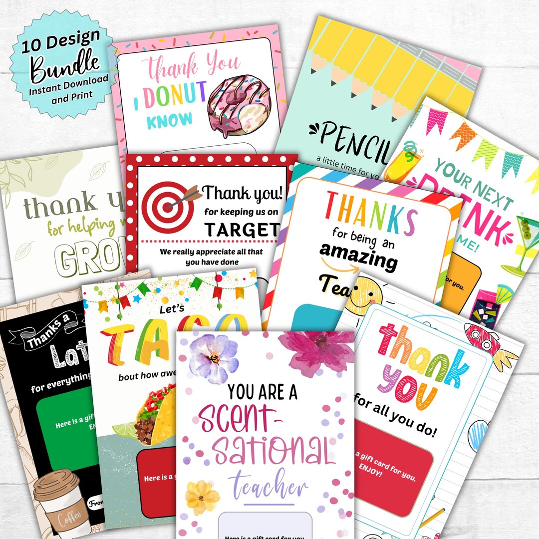 Teacher Appreciation Printable Gift Card Holder Bundle, Teacher Gift ...