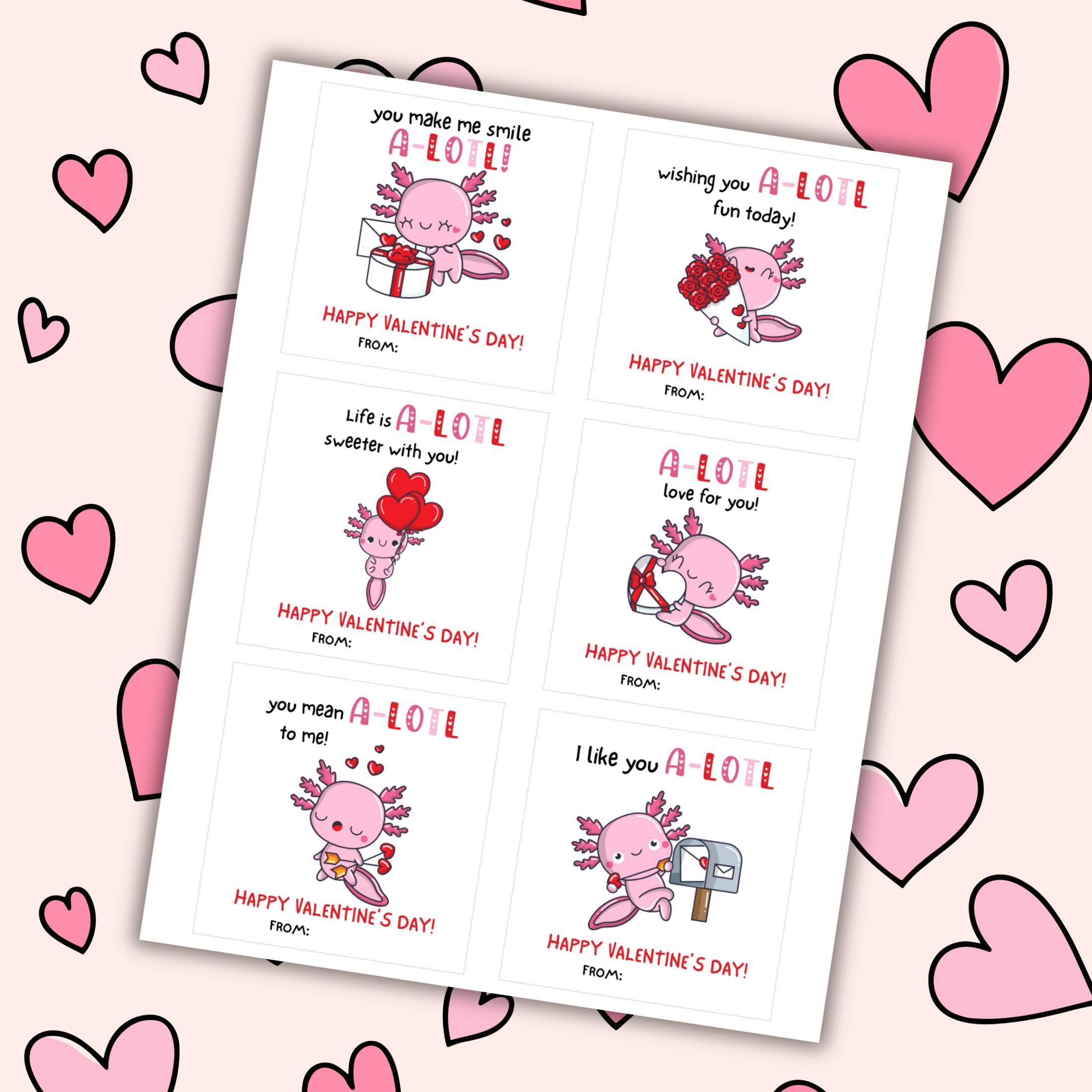 Axolotl Valentine's Printable, Kids Themed Valentine Cards for ...