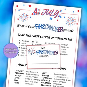 Fourth of July What's Your Firecracker Name Game, Printable Family Game ...