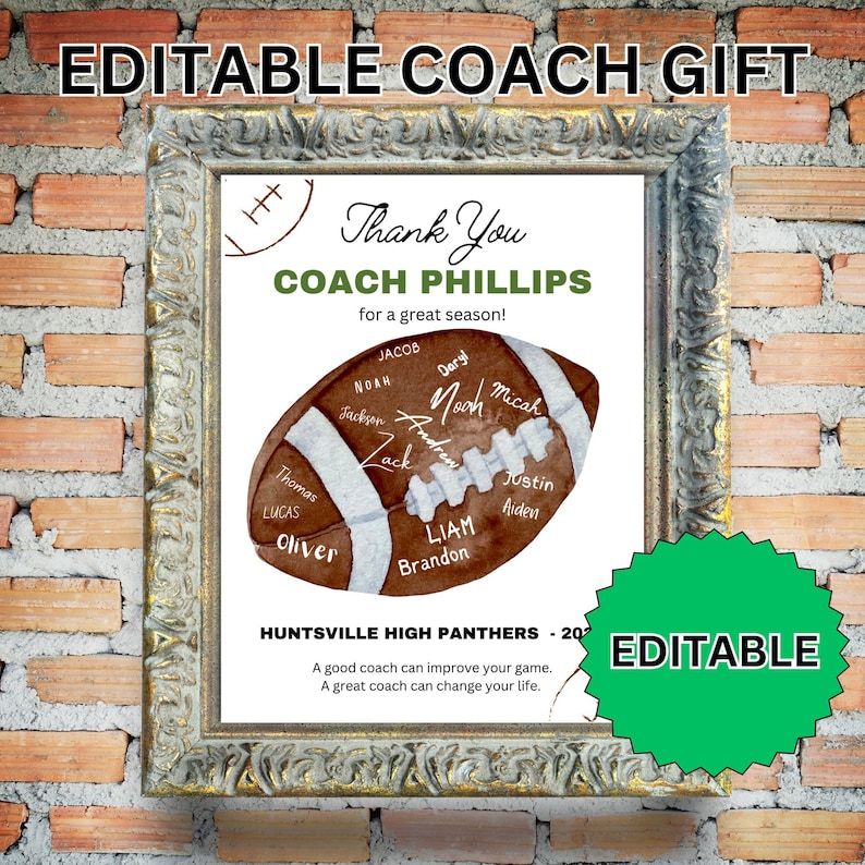 EDITABLE Football Coach Appreciation Printable, Team Gift Printable ...