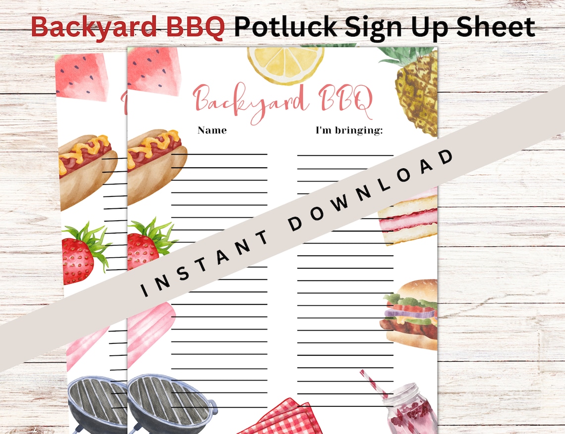 Backyard BBQ Potluck Sign up Sheet, Summer Potluck Sheet, Church ...