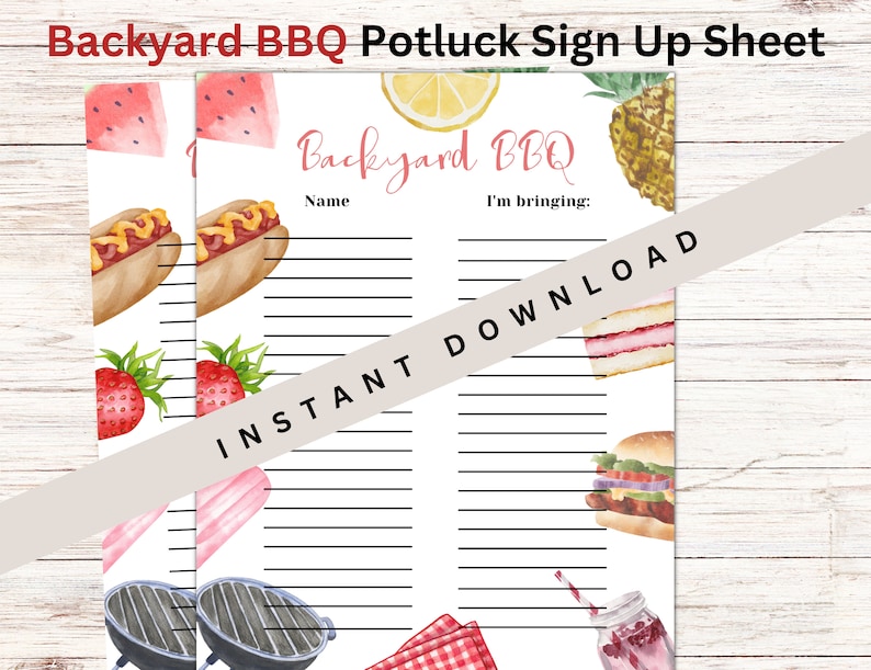 Backyard BBQ Potluck Sign up Sheet, Summer Potluck Sheet, Church ...
