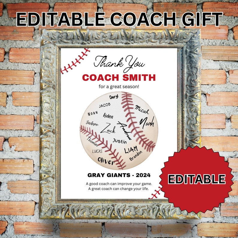 EDITABLE Baseball Coach Appreciation Gift Printable, Team Gift ...