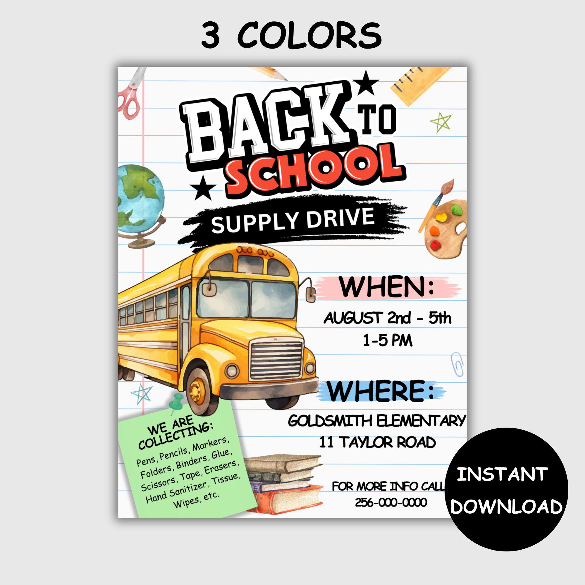 Editable School Supply Drive Flyer Canva Template, Back to School Drive ...