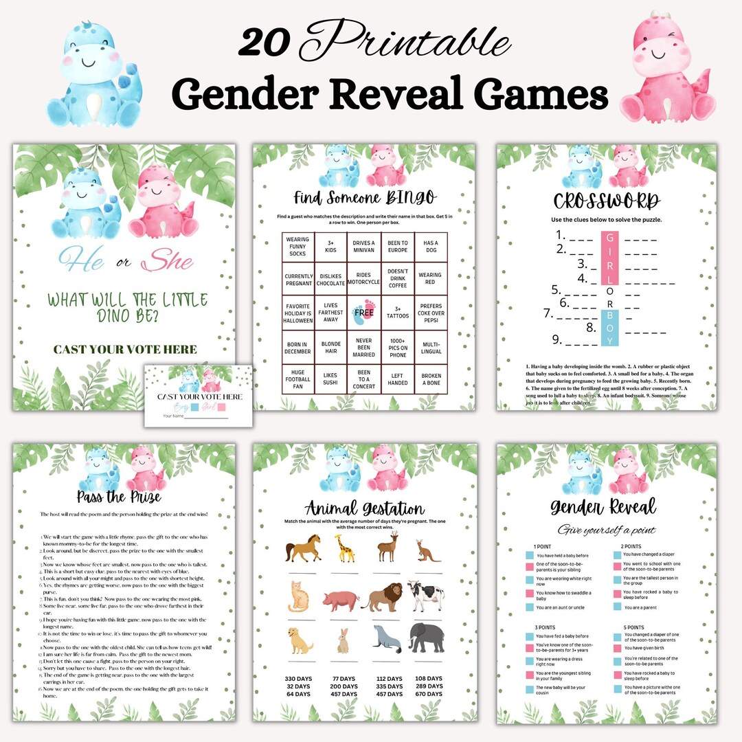 20 Gender Reveal Games Pink and Blue DINOSAURS Perfect for Reveal Party ...