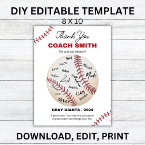 EDITABLE Baseball Coach Appreciation Gift Printable, Team Gift ...