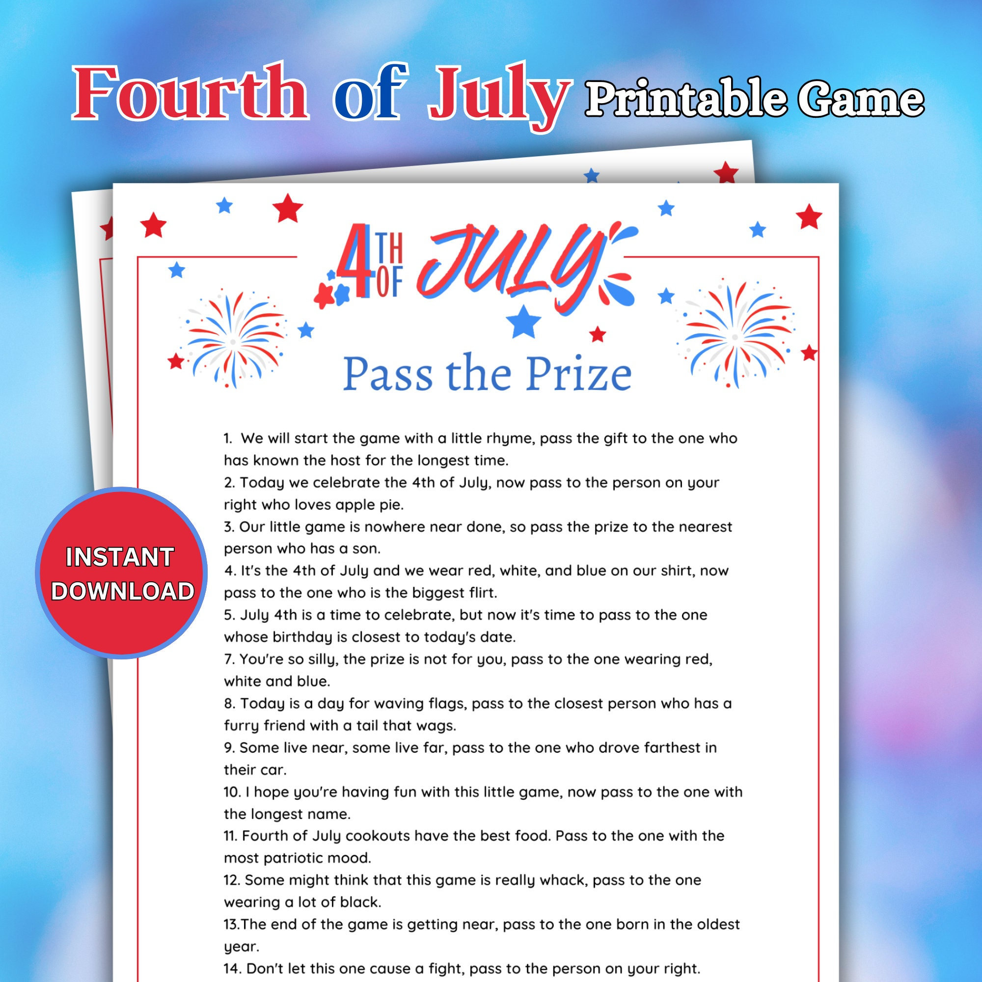 Fourth of July Pass the Prize Game, Printable Family Game, Patriotic ...