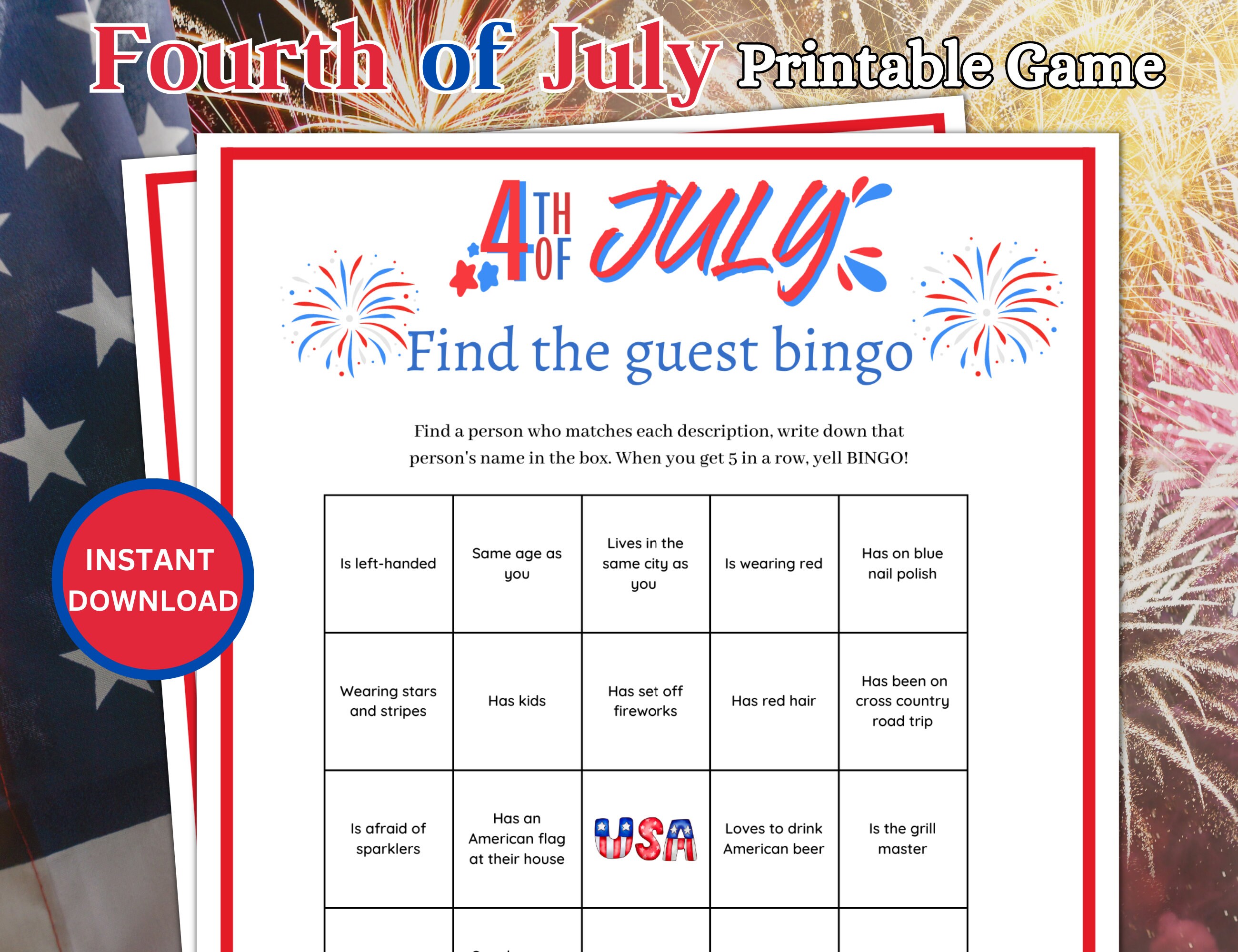 Fourth of July Find the Person Bingo Game, Printable Family Games ...