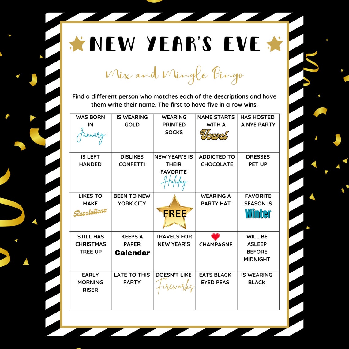 New Years Mix & Mingle Bingo Game, New Years Eve Party Game, New Years ...