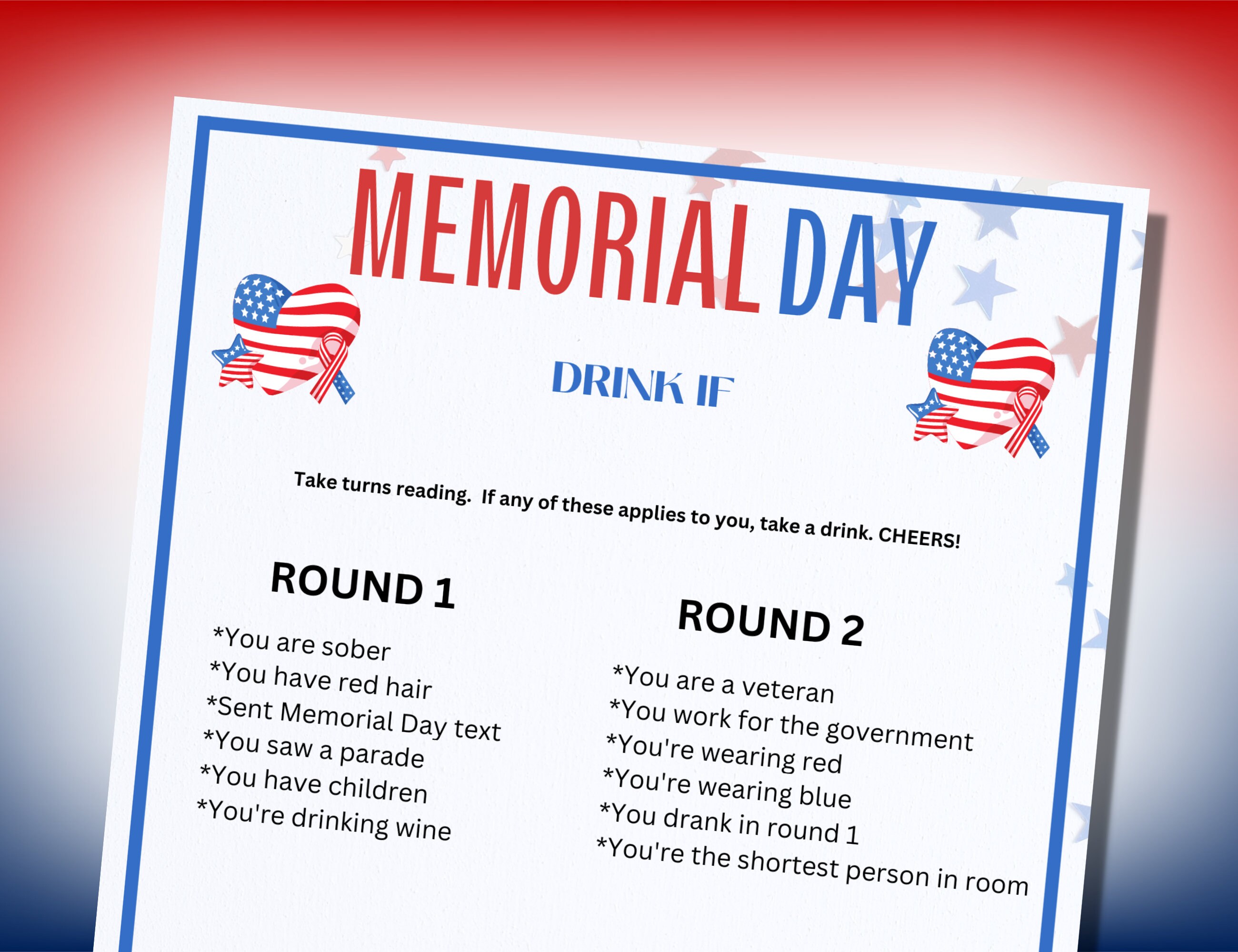 Memorial Day Drink If Game, Printable Family Games, Patriotic Party ...