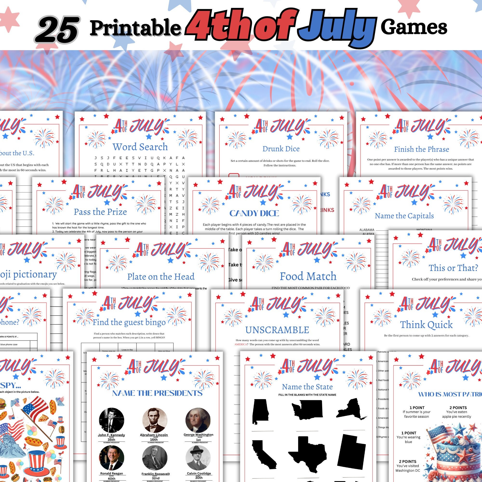 Fourth of July Game Bundle, Printable Family Games, Patriotic Party ...