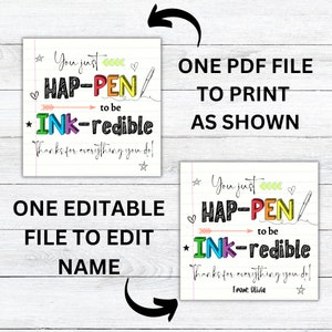 Editable Back to School Gift Tag, Ink-redible Pen Pencil Student Gift ...