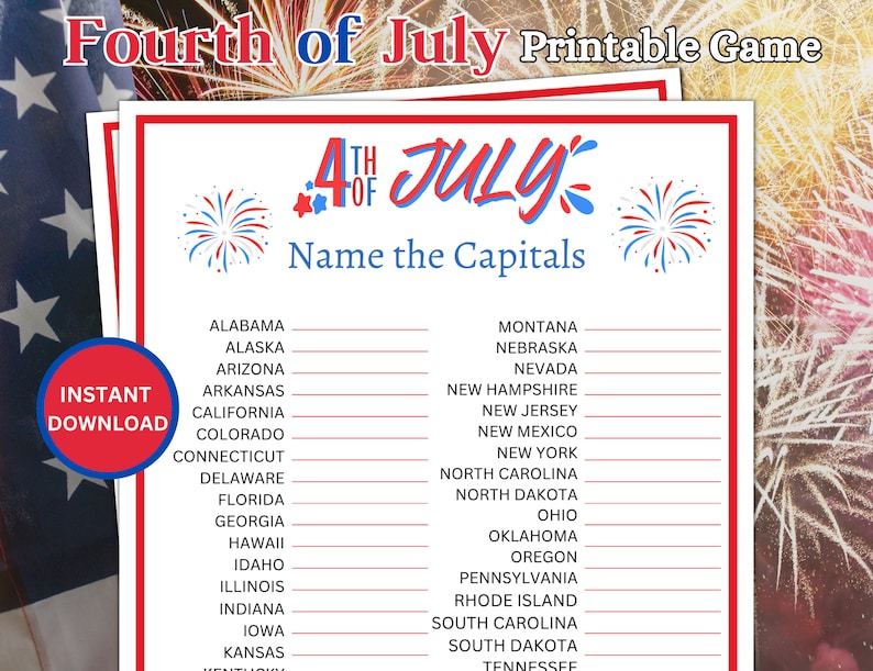 Fourth of July Name the Capitals Game Printable Family Games - Etsy