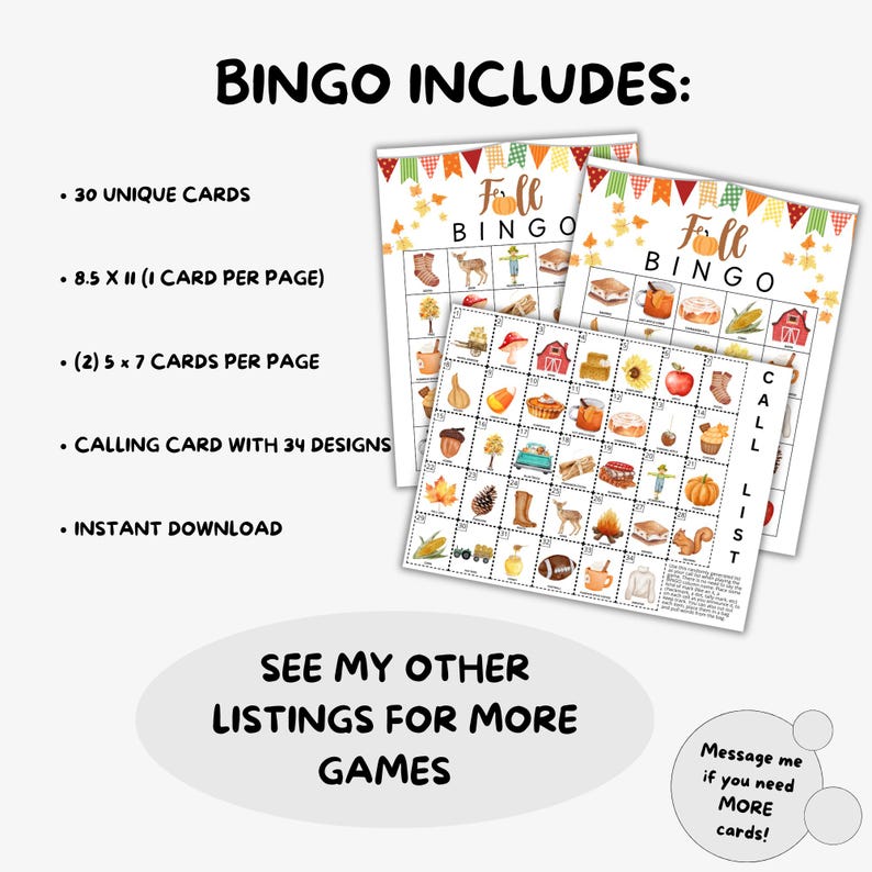 30 Fall Bingo Game, Autumn Bingo Game Activity, Fall Games, Autumn ...