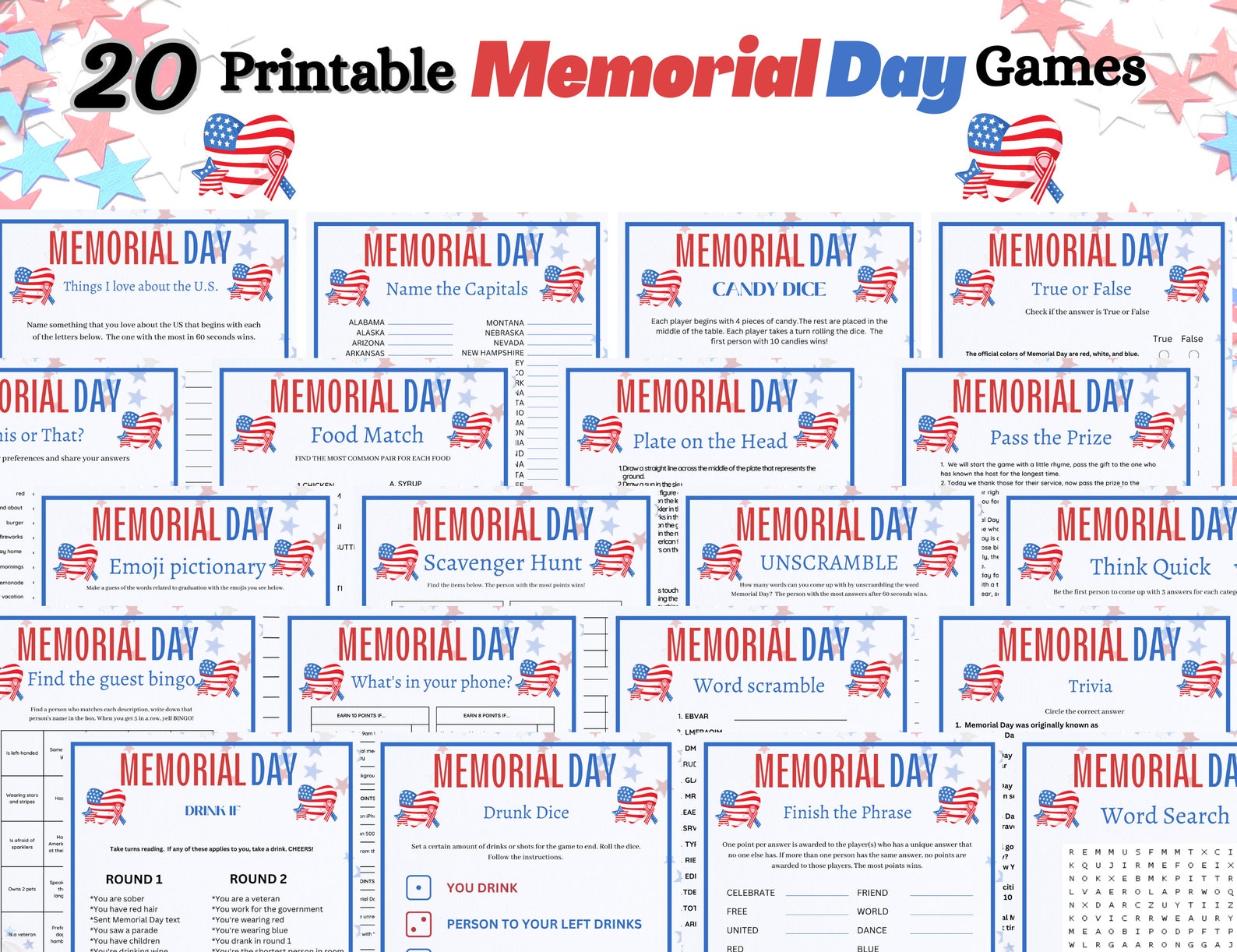 Memorial Day Game Bundle, Printable Family Games, Patriotic Party Games ...