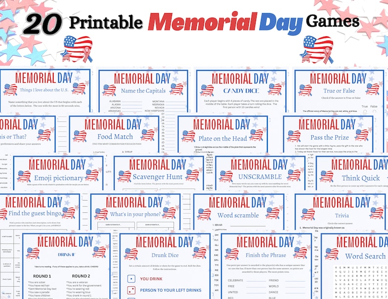 Memorial Day Game Bundle, Printable Family Games, Patriotic Party Games ...