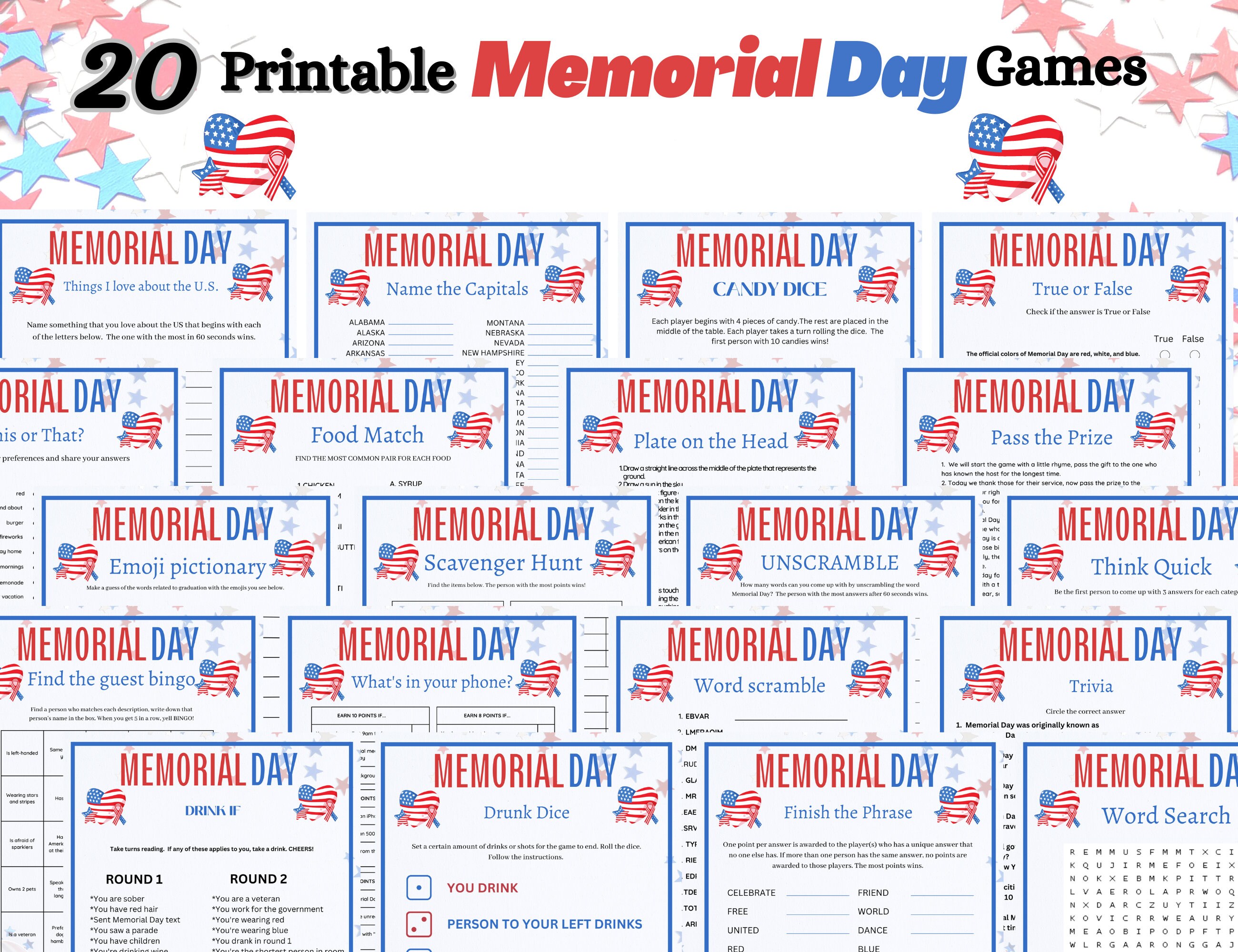 Memorial Day Game Bundle, Printable Family Games, Patriotic Party Games ...