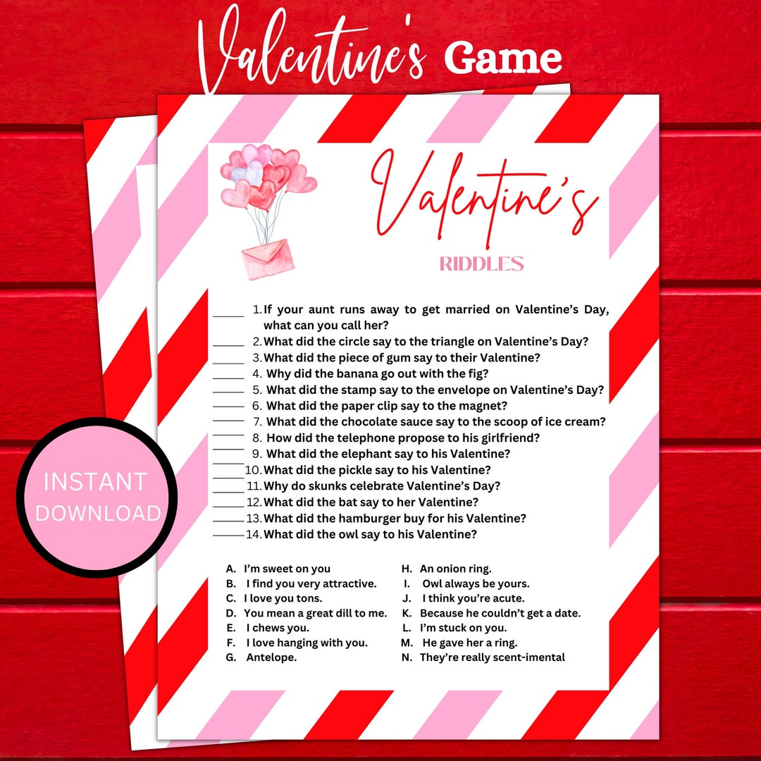 Printable Valentine's Day Game, RIDDLES Party Game and Activity, Kids ...
