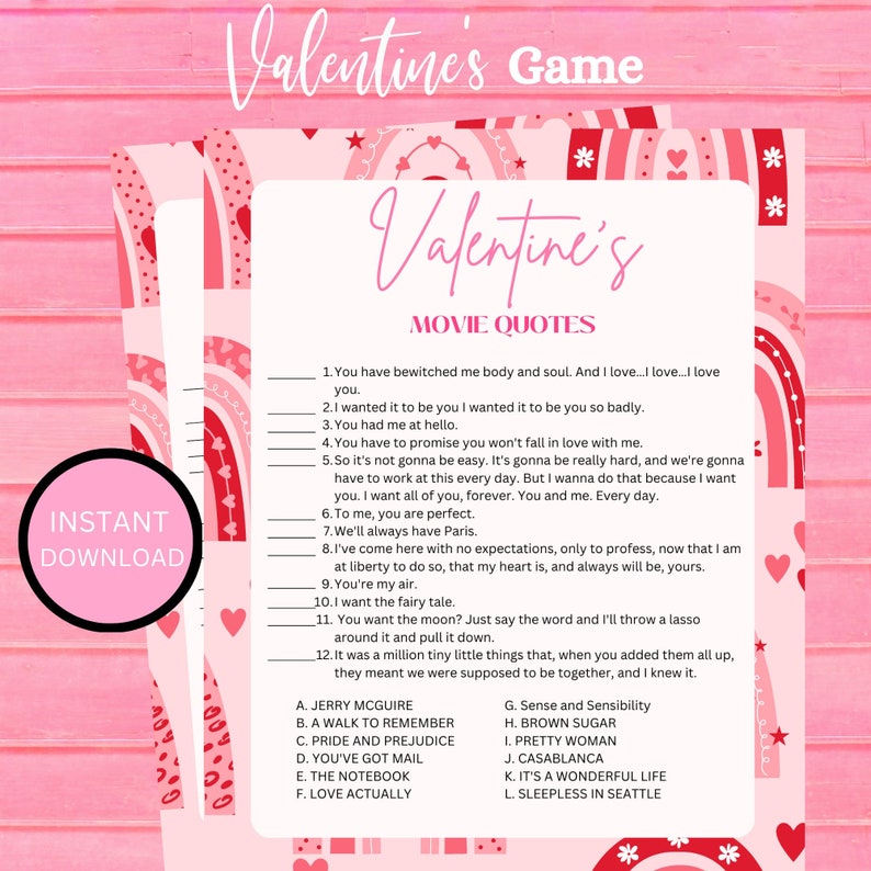 Printable Valentine's Day Game, Movie Quotes Game and Activity Adult ...