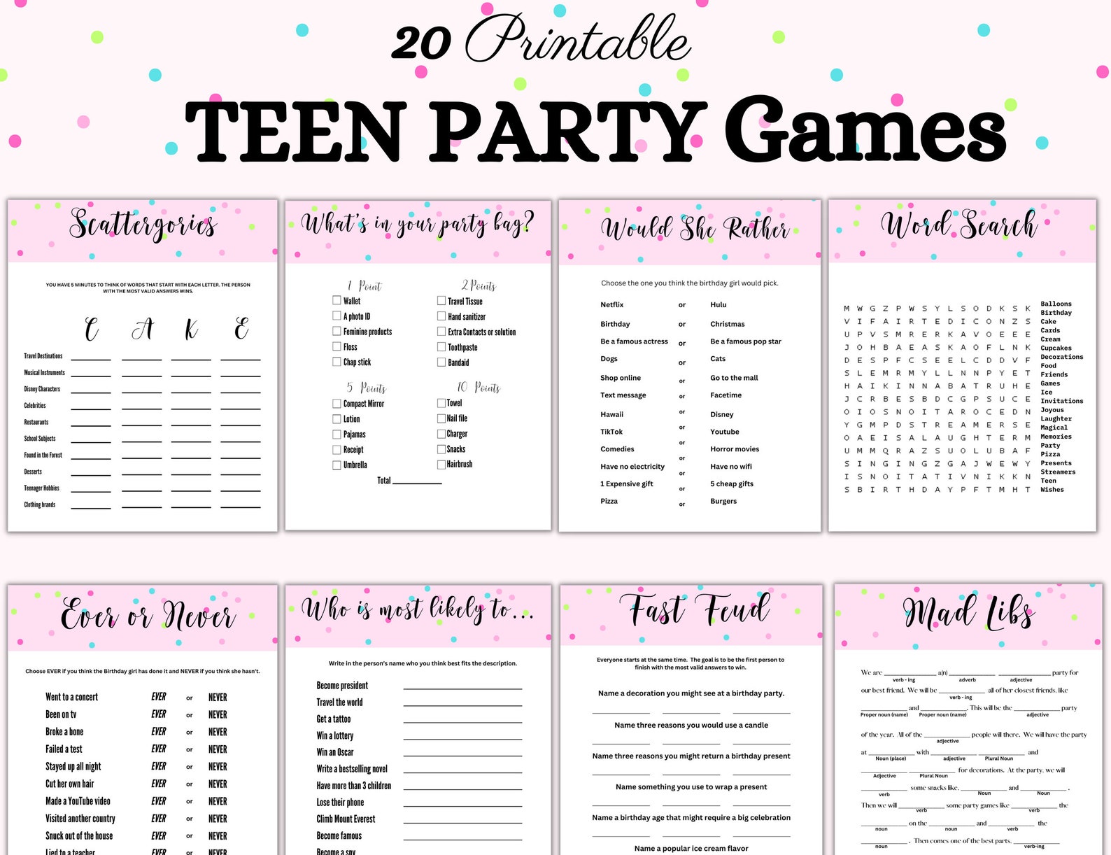 Printable Teen Birthday Game Bundle, Party Activities, Pink Birthday ...